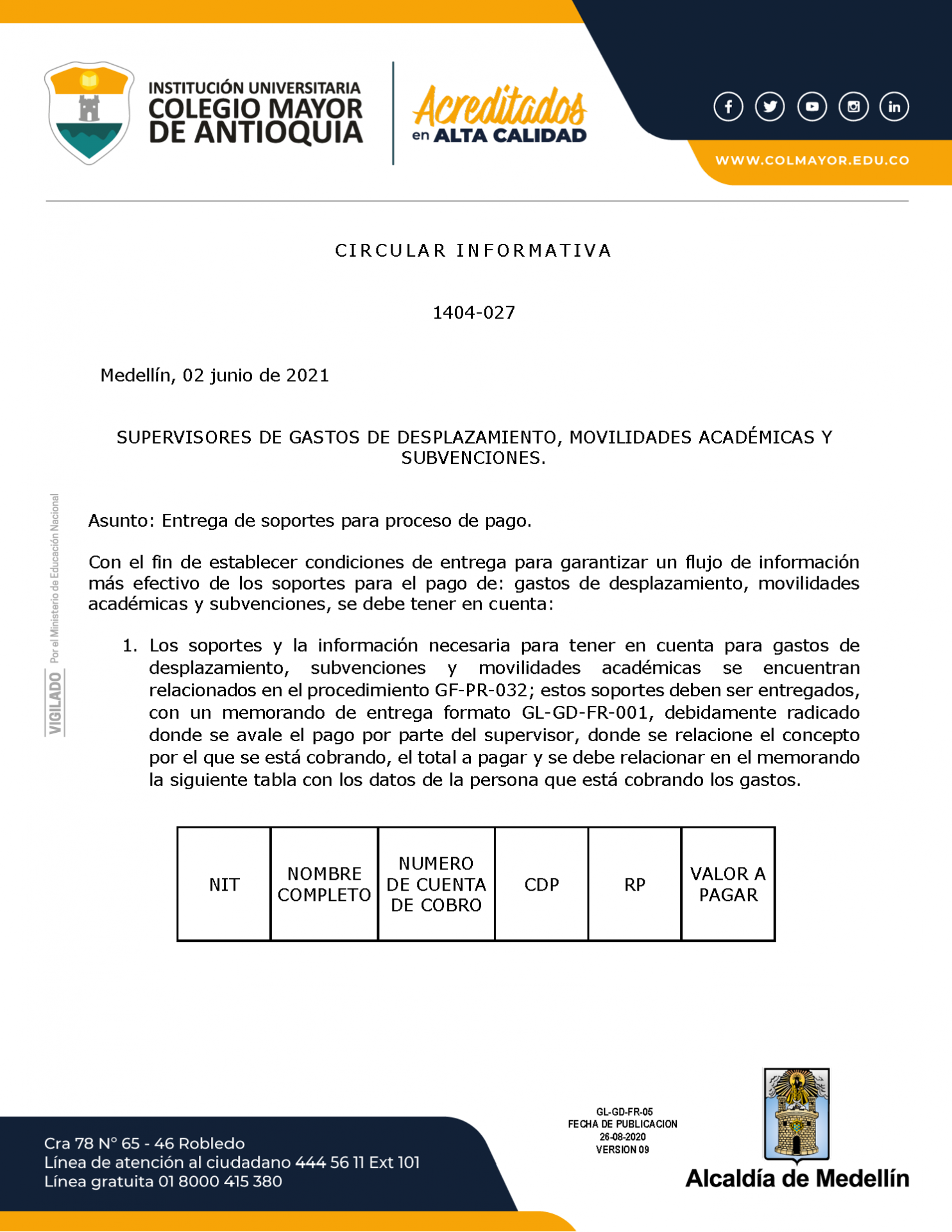 Circular informativa: Entrega de soportes para proceso de pago ...